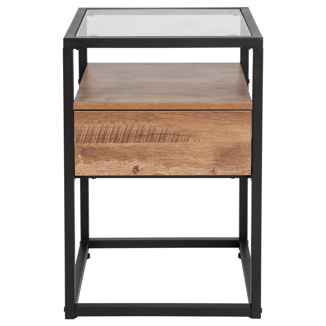 Riaan Glass End Table with Drawer and Shelf in Rustic Wood Grain Finis – Spacejoy